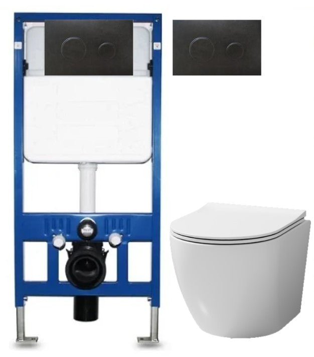 Anas Matt Black Plate Wc Frame Rimless Wall Hung Toilet Pan Soft Close