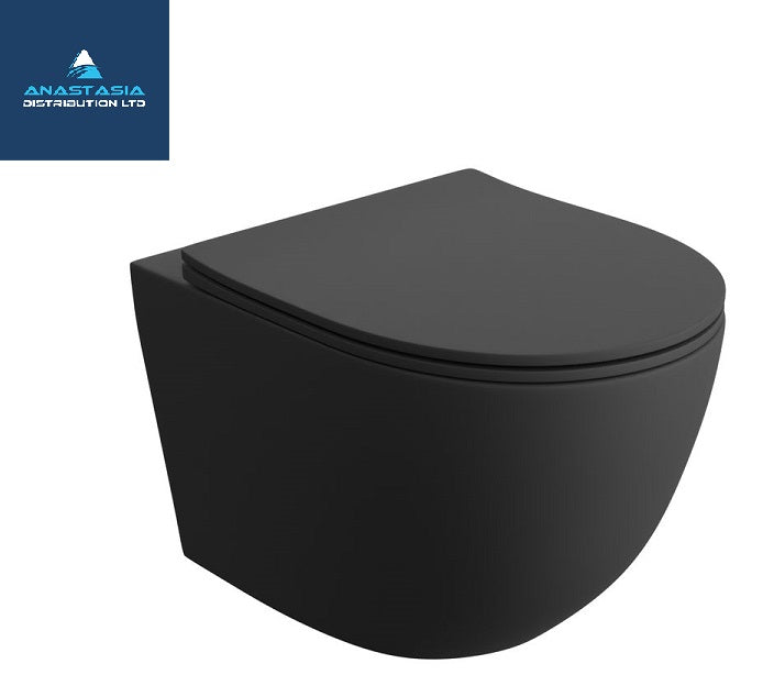 Luxury Rimless Wall Hung Toilet Pan Matt Black Slim Soft Close Seat