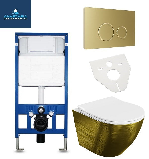 Rimless Wall Hung Toilet Pan Wc Frame Brushed Brass Finish Round Flush