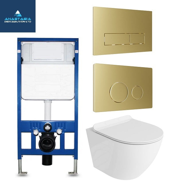 Rimless wall hung toilet pan wc frame concealed cistern brushed brass
