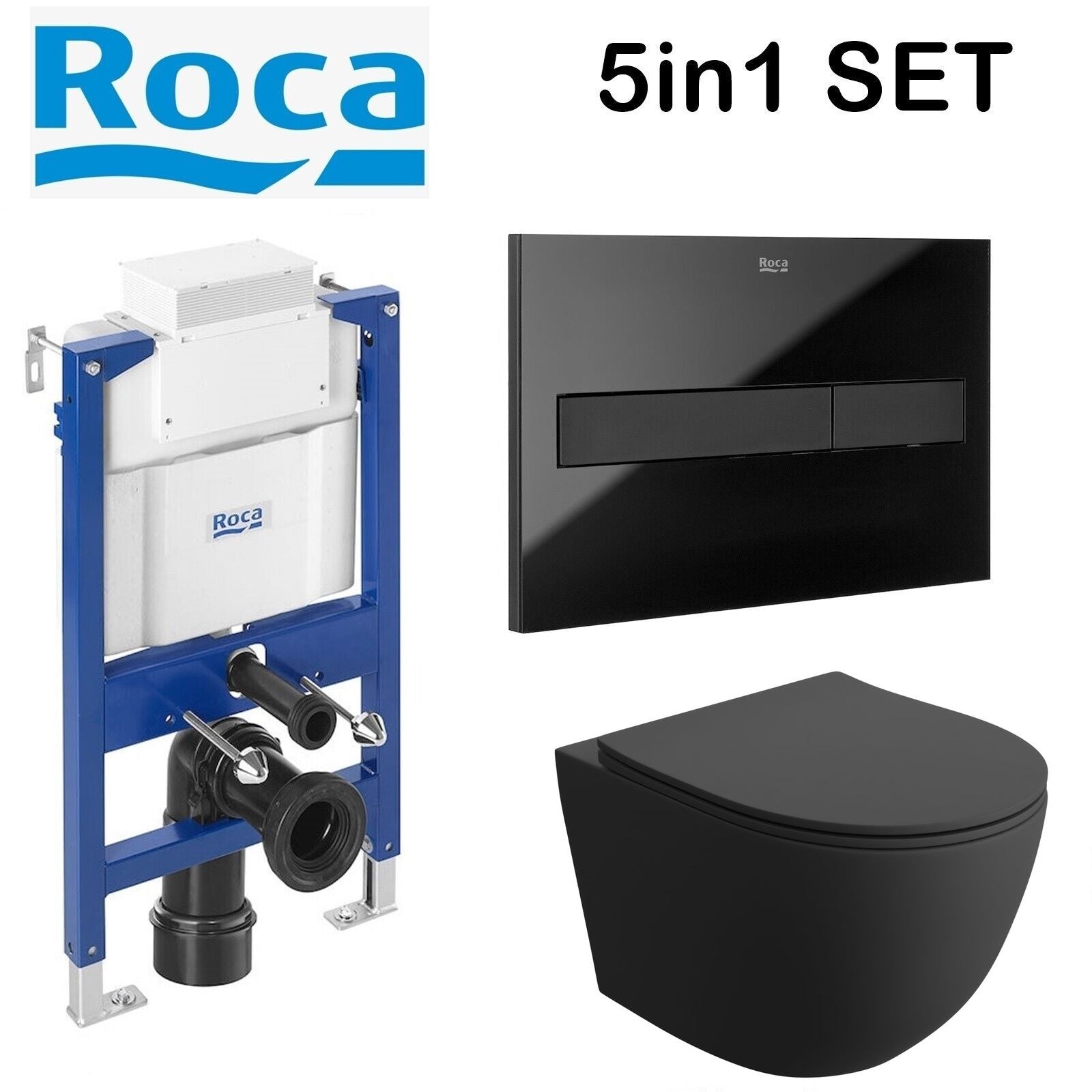 Rimless toilet wall hung pan matt black seat roca 0.82 high black plat